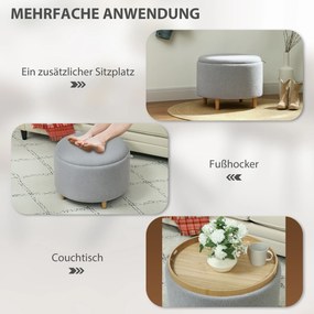 HOMCOM Úložný taburet s úložným prostorem, kulatý potahovaný taburet s sklápěcím víkem, dřevěné nohy, moderní design, do obývacího pokoje, ložnice, š…