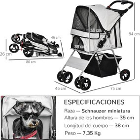 Skládací kočárek pro psy PawHut - Kočárek pro malé psy s nastavitelnou stříškou, úložným košíkem, 2 otočnými koly, nosnost 15 kg, rozměry 75x46x94 cm…