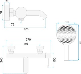 Rea Rivo, nástěnná vanová baterie s ruční sprchovou soupravou, černá matná, REA-B9324