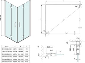 Gelco LORO obdélníkový sprchový kout 90 x 70 x 200 cm zalamovací rohový vstup chrom čiré sklo GN4790-02