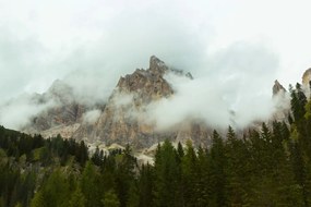 DIMEX | Vliesová fototapeta Mlha v dolomitech MS-5-1639 | 375 x 250 cm| zelená, hnědá, šedá