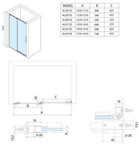 Polysan, ALTIS LINE sprchové dveře 1070-1110mm, výška 2000mm, sklo 8mm, AL3915C