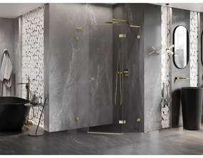 Mexen Lunar, L pravý výklopný pětiúhelníkový sprchový kout 90 x 90 cm, 8mm čiré sklo, zlatý profil, 831L-090P-090L-50-00-P