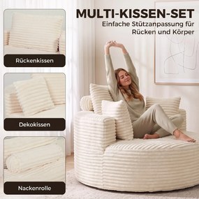 HOMCOM Křeslo s hlubokým sedákem, jednosedací pohovka bez pevného rámu, design z plné pěny, 4 polštáře, krémově bílá