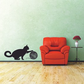 Samolepka na zeď - Kočička s klubíčkem (60x29 cm) - PopyDesign