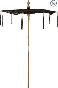 Černý boho slunečník s dřevěnou tyčí a střapci Lorie Wood - ∅ 140*250 cm