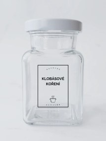 Samolepka na kořenky KLOBÁSOVÉ KOŘENÍ průhledná 3 × 4 cm tučné písmo
