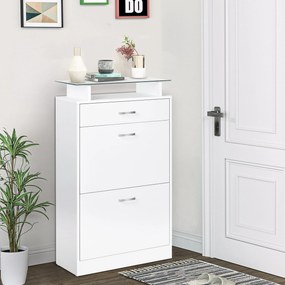 HOMCOM Botník s 3 šuplíky, skleněnou policí a hliníkovými úchyty pro předsíň, nosnost 50 kg, 60x24x105,5 cm, bílý