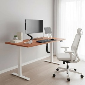 Výškově nastavitelný stůl OfficeTech D, 200 x 80 cm, bílá podnož, třešeň