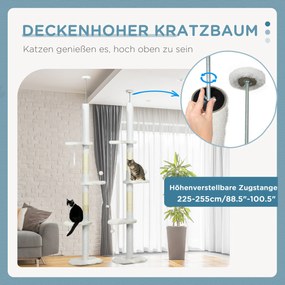 PawHut Vysoký stropní škrabací sloupek s antispínačem 225-255 cm výškově nastavitelný šplhací strom s míčem na hraní jutový provazový sloupek houpací…