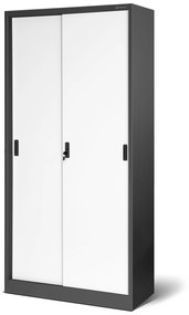 Plechová skříň s posuvnými dveřmi a policemi KUBA, 900 x 1850 x 400 mm, antracitovo-bílá