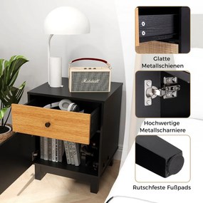 Costway Ratanový noční stolek se zásuvkou a skříňkou v boho stylu, černý