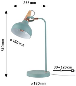 Paulmann 79651 Juna, zelená stolní lampa z kovu, mědi a dřeva, 1xE14, výška 51cm