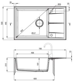 Deante Eridan, granitový dřez na desku 780x500x210 mm Z/O, 3,5" + prostorově úsporný sifon, 1-komorový, antracitová metalíza, ZQE_T11B