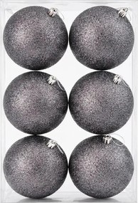 Sada vánočních ozdob šedá glitter 10 cm plastová koule, balení 6 ks