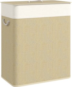HOMCOM Bambusový koš na prádlo s víkem 100L Koš na prádlo se 2 přihrádkami a vyjímatelným vnitřním pytlem pro laundry room a ložnici 52x32x63 cm Přír…