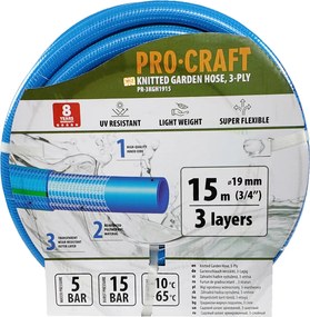Procraft PR-3KGH1915 - modrá zahradní hadice, 3 vrstvy, 3/4", 15m