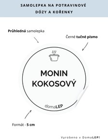 Samolepka na láhev MONIN KOKOSOVÝ průměr 5 cm – průhledná vinylová, voděodolná, omyvatelná samolepka na dózy, tučné písmo