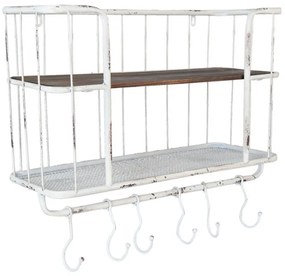 Bílá závěsná polička s háčky a patinou – 60x23x51 cm