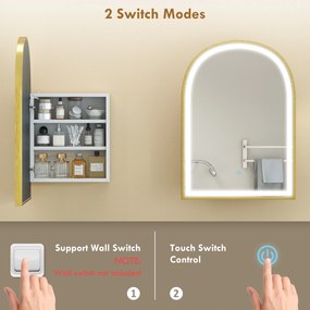HOMCOM nástěnná koupelnová skříňka se zrcadlem a LED osvětlením, zakřivené dveře, proti zamlžení, 50x14,5x70 cm, zlatá