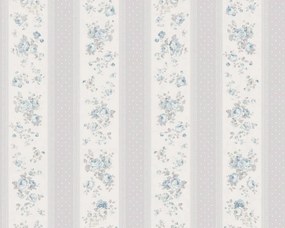 Vliesová tapeta s tečkovanými a květinovými pruhy - šedá, bílá, modrá, 390693 / Tapety na zeď 39069-3 Maison Charme (0,53 x 10,05 m) A.S.Création