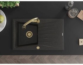 Mexen Cesar, 1-komorový granitový dřez 775x470x190 mm a dřezová baterie Elia, černá-zlatá metalíza, 6514-75-670101-50