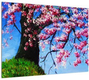 Skleněný obraz malované rozkvetlé třešně (70x50 cm)