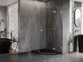 Mexen Lunar, pravý výklopný pětiúhelníkový sprchový kout 90 x 100 cm, 8mm čiré sklo, zlatý matný profil, 831-090P-100L-55-00-P