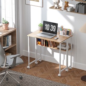 Skládací stůl HOMCOM s kolečky a policí - Kompaktní stůl s úložným prostorem pro notebook do malých prostor - 80x50x75 cm - Přírodní