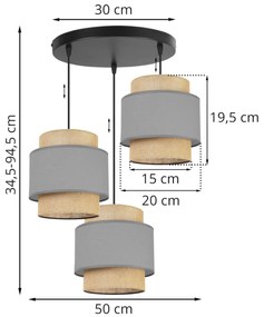 Závěsné svítidlo Boho, 3x jutové/šedé textilní stínítko, o