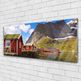 akrylový obraz Domy Jezero Hory Krajina 125x50 cm