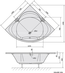 Polysan ALEXANDRA rohová vana 140x140x42cm, bílá (05111) 95111