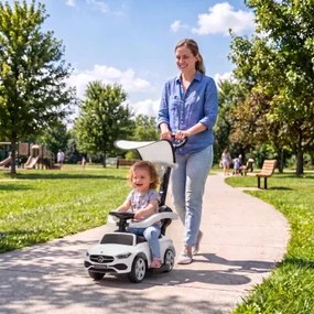 AIYAPLAY 3-v-1 jezdící auto s tlačnou tyčí Mercedes-Benz jezdící vozidlo s volantu, klaksonem, hudbou, střechou, úložným prostorem pod sedadlem, bílé