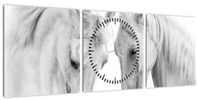 Obraz bílých koňů (s hodinami) (90x30 cm)
