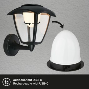 BRI 3929015 LED nabíjecí nástěnné svítidlo, venkovní, retro, dotykový vypínač, vyměnitelné baterie, vč. USB-C kabelu, stmívatelné, IP44, černá - BRILONER