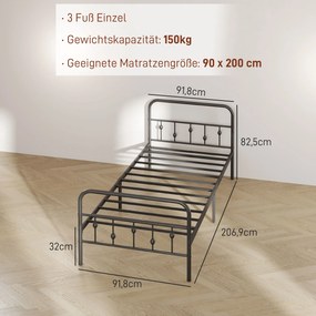 HOMCOM Rám postele pro matraci 200 x 90 cm, skládací rám postele, kovová postel vysoká 82,5 cm, kovový rám postele z kovu, do ložnice, pokoj pro host…