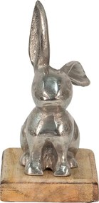 Dekorace stříbrný kovový králík na dřevěném podstavci - 11*10*20 cm