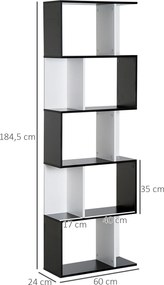 HOMCOM 5-patrová knihovna ve tvaru S, moderní design pro obývací pokoj a kancelář 60x24x184,5 cm Černá a bílá