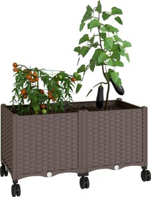 Outsunny zvýšený truhlík s 6 kolečky — mobilní venkovní plastový truhlík s nádrží na zavlažování a odtokem, 80×40×43 cm, hnědý | Aosom