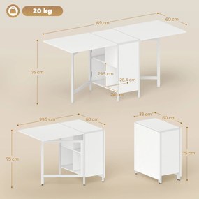 HOMCOM skládací jídelní stůl s výsuvnými deskami, 4 přihrádky, 3 varianty pro kuchyň a obývací pokoj, 169 x 60 x 75 cm, bílá