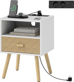 Noční stolek HOMCOM s nabíjecí stanicí, šuplíkem, 2 zásuvkami, USB & USB‑C, otevřenou policí, borovicové nohy, bílý
