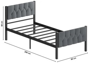 Kovová jednolůžková postel KAROM 90x200 cm šedá nosnost 120 kg