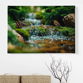 Obraz na plátně - Mechový vodopád s ptáčkem FeelHappy.cz Velikost obrazu: 120 x 80 cm