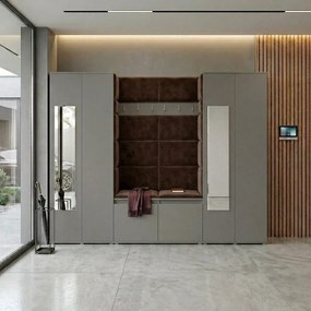 Předsíňová stěna Trinity 10 s čalouněnými panely, 280 cm, grafit/ hnědá