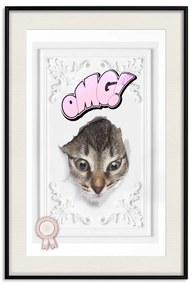 Plakát OMG! - komická kompozice s kočkou a anglickým textem na bílém pozadí