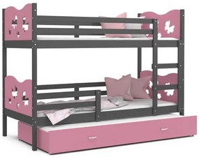 DOBRESNY Dětská patrová postel MAX 3 80x190 cm s šedou konstrukcí v růžové barvě s motýlky