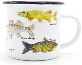 Smaltovaný hrnek Ryby, 330 ml – bílý, s autorskou ilustrací ryb, retro design