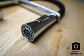 Gamma Vegas, stojánková vysoká kuchyňská baterie s flexibilním ramenem a sprškou, černá matná-chrom lesklý, GMA-BVSK-CH