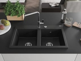 Mexen Hektor, 2-komorový granitový dřez 800x480x205 mm, černá, chromový sifon, 6521802000-77