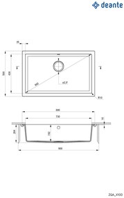Deante Corda, granitový dřez pod desku 800x500x204 mm, 3,5" + prostorově úsporný sifon, 1-komorový, černá, ZQA_N10D